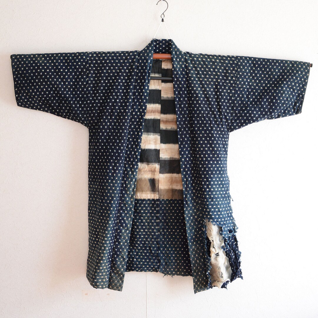 Boro Hanten Jacket Haori Kimono Indigo Kasuri Fabric Japan Vintage Free ...