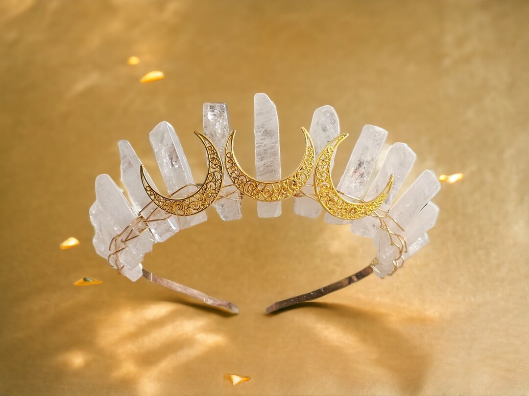 Clear Quartz Crystal Crown With Crescent Moons, Gemstone Wedding Tiara ...