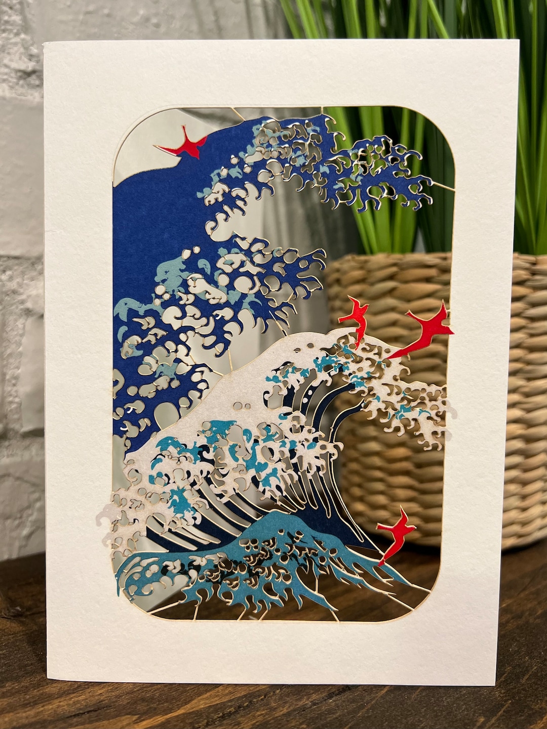 Kimono Japanese Wave Art and Birds Laser Cut Card - Etsy