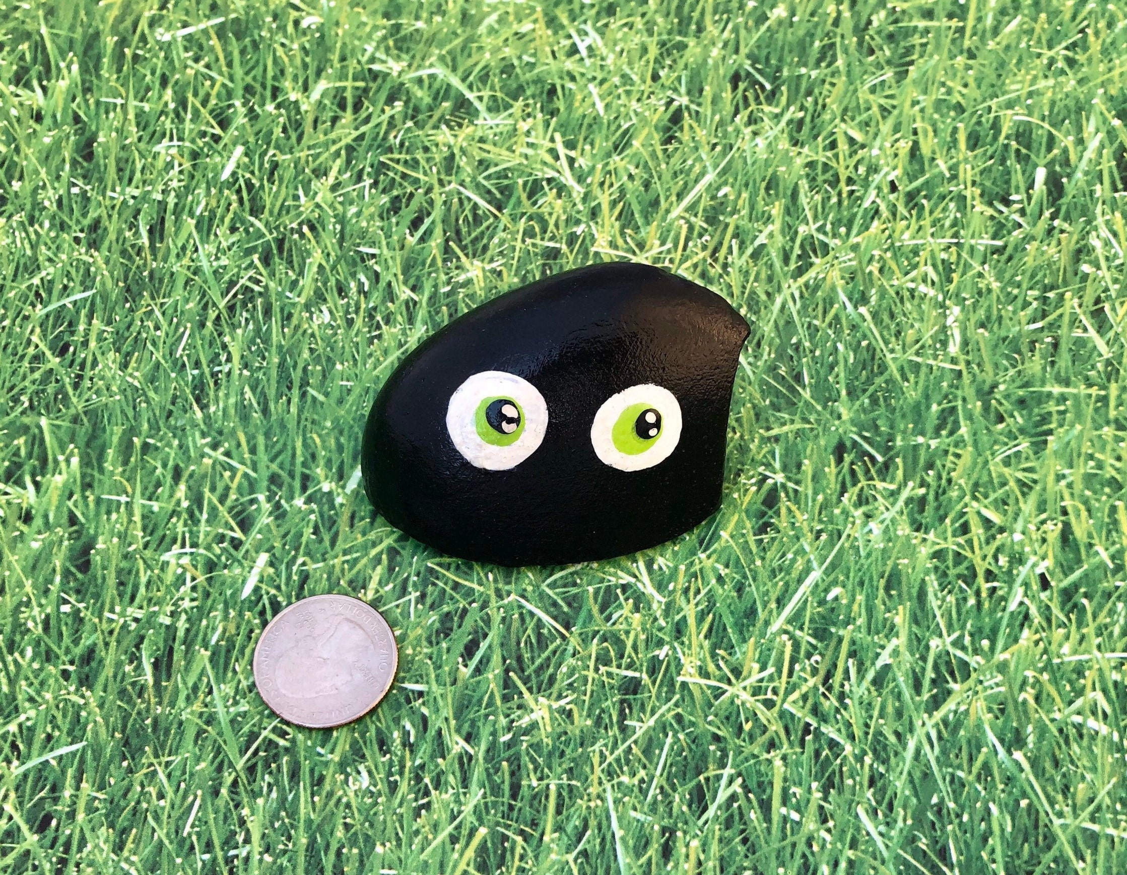 Pet Stone, Painted Rock, Monster Rock, Black Rock With Green Eyes, Kids ...