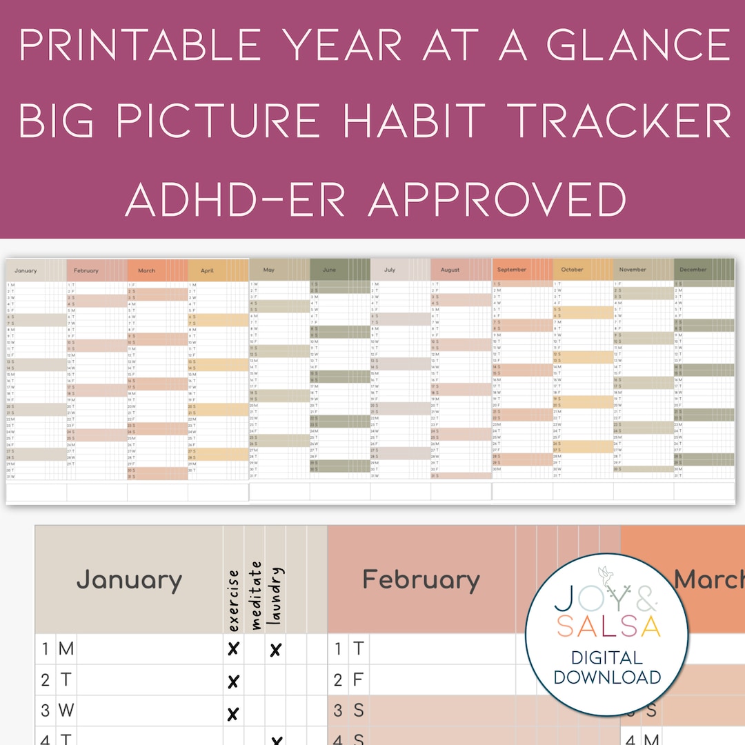 2024 Printable Year at A Glance Calendar ADHD Approved Printable ...