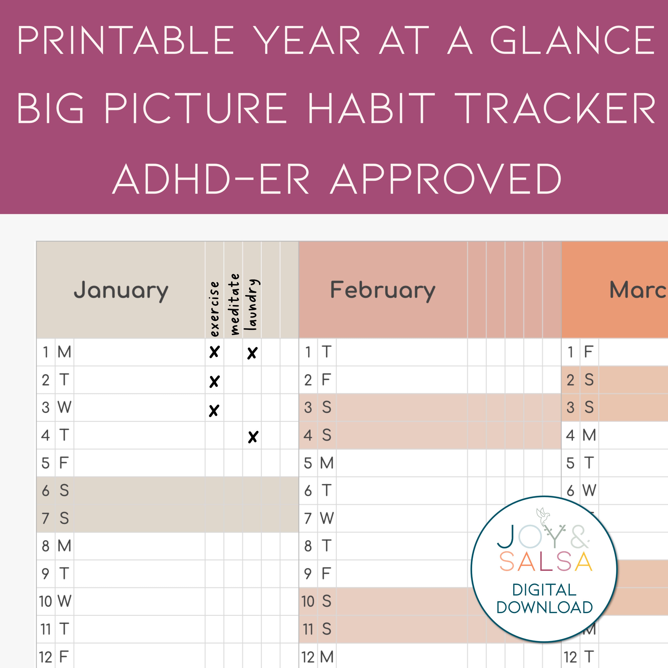 2024 Printable Year at A Glance Calendar ADHD Approved Printable ...