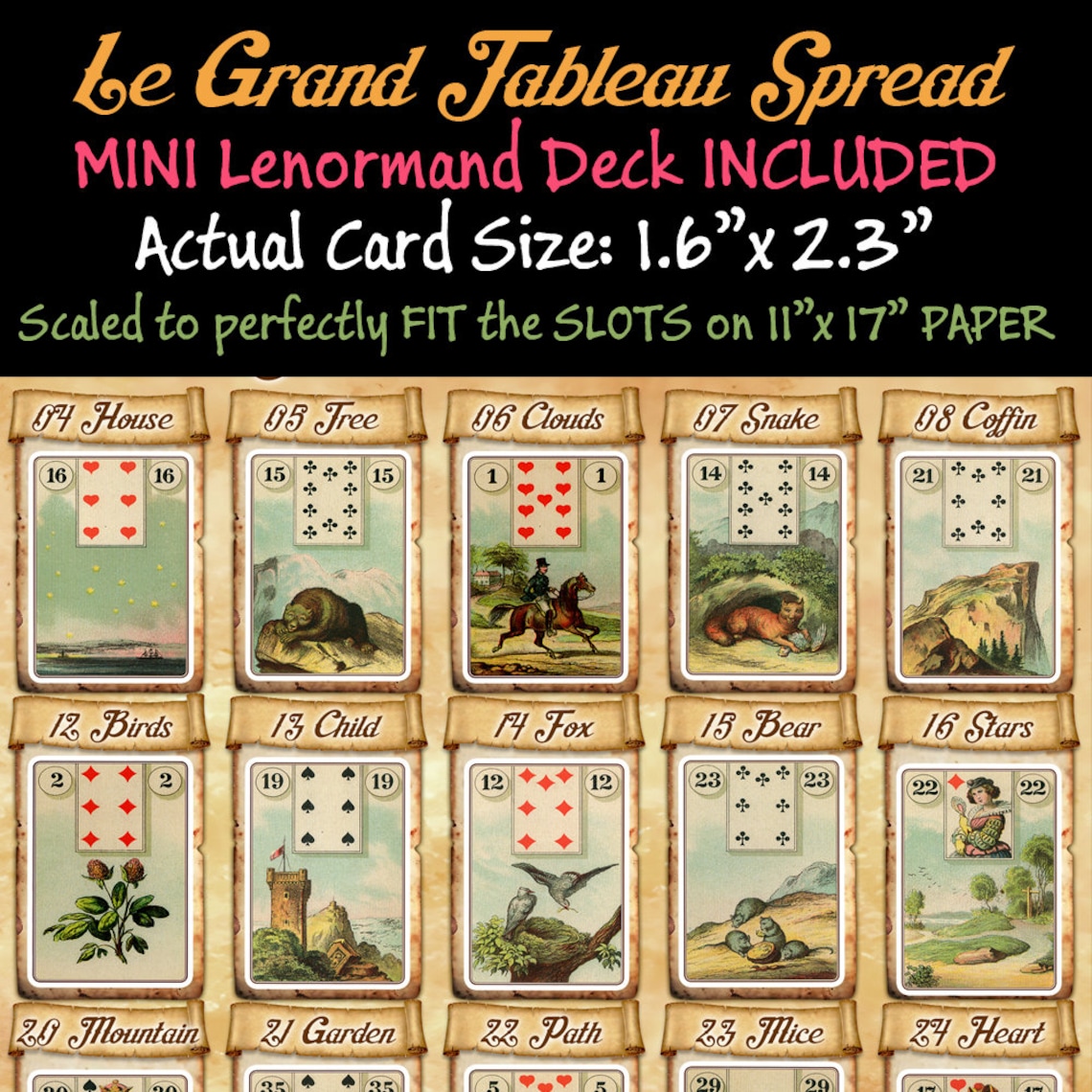 Digital Lenormand Grand Tableau Spread 17x11 Print. Includes Card Meanings Sheet and Digital ...
