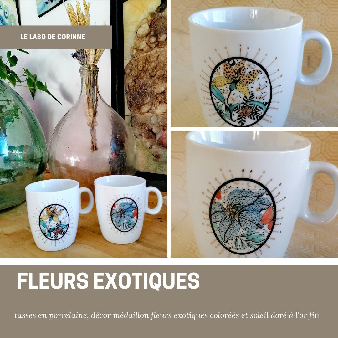 Set of Enameled Porcelain Cups With Original Decoration of Exotic ...