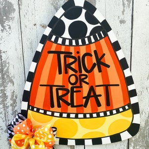 Halloween Front Door Decor, Trick or Treat Door Hanger, Candy Corn Sign ...