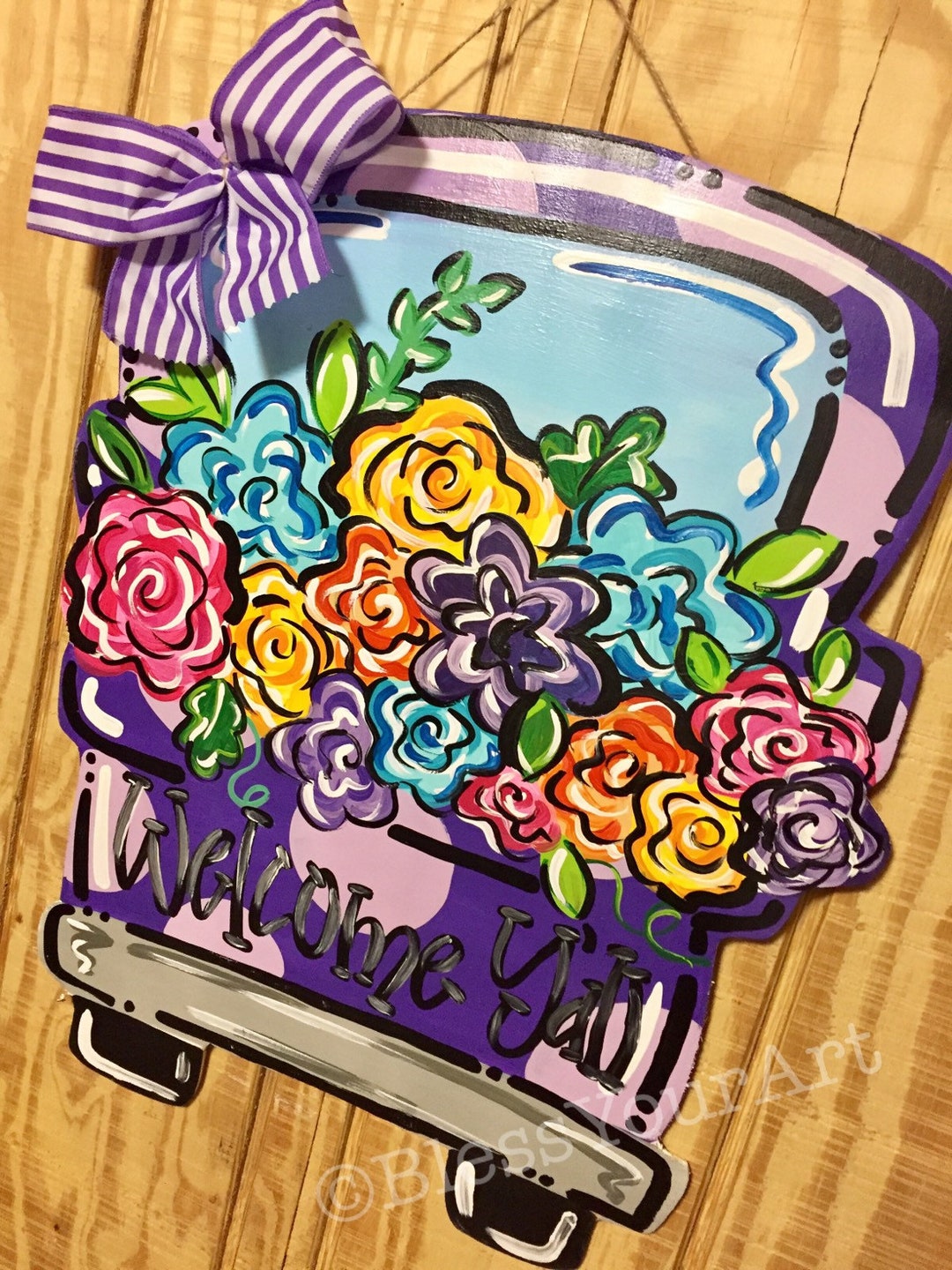 Spring Porch Decor, Whimsical Flower Truck, Spring Door Hanger ...