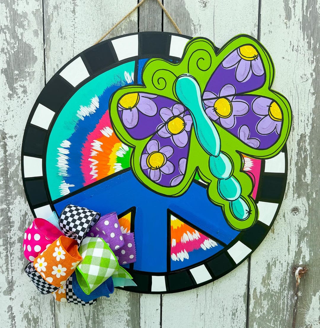 Dragonfly Door Hanger, Peace Sign Door Hanger, Spring Door Decor ...