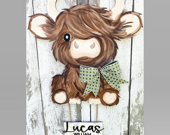 Baby Highland Cow Baby Sign, Round Wood Name Sign, Baby Name Sign ...