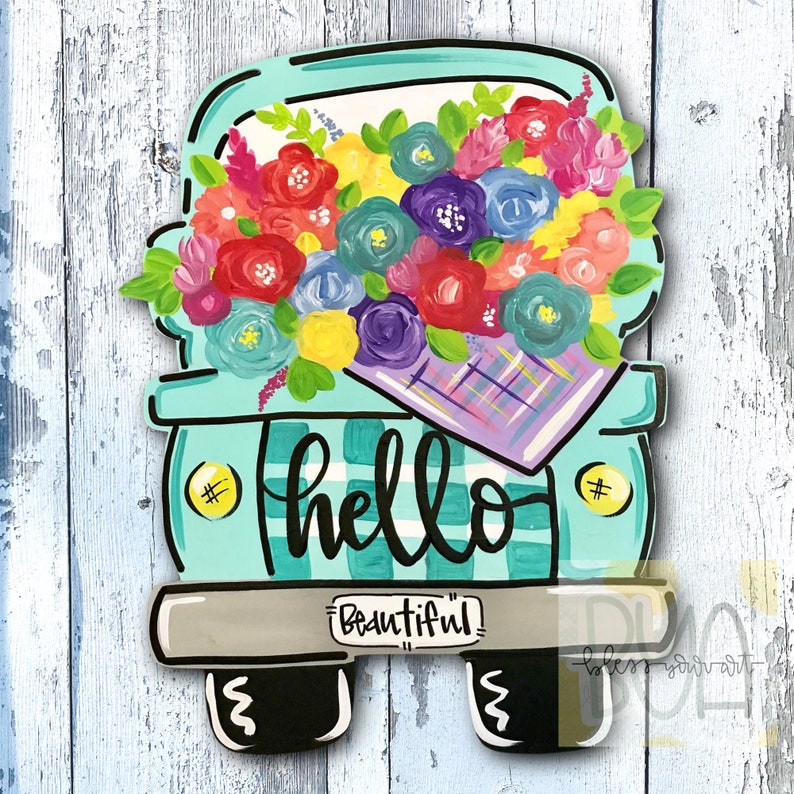 Hello Spring Truck Door Hanger, Floral Wreath, Painted Wood Sign - Etsy