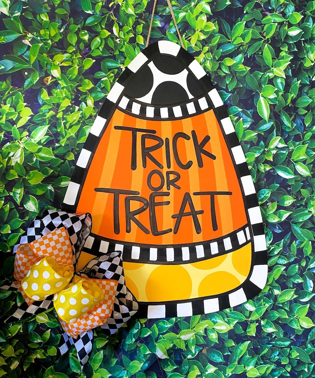 Halloween Wreath, Trick or Treat Door Hanger, Candy Corn Sign, Candy ...