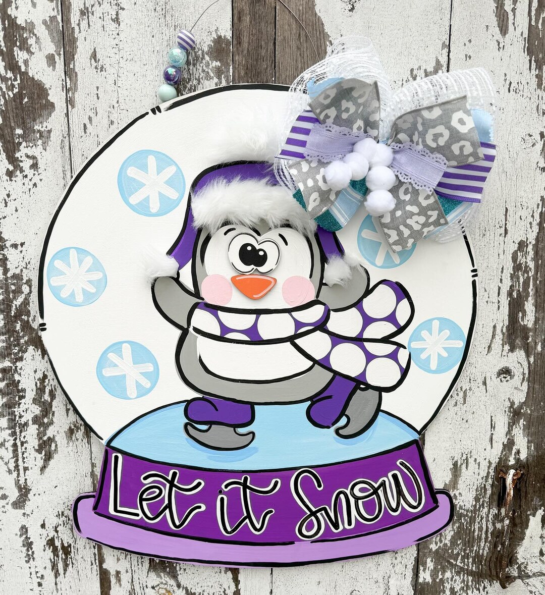 Winter Door Hanger, Penguin Decor, Wooden Porch Decor, Penguin Snow ...