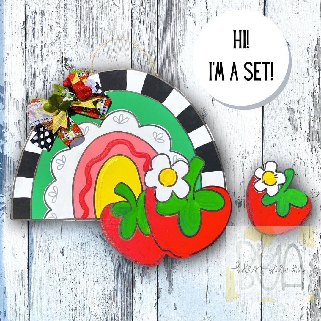 Summer Door Hanger, Strawberry Door Sign Set, Rainbow Decor, Strawberry ...