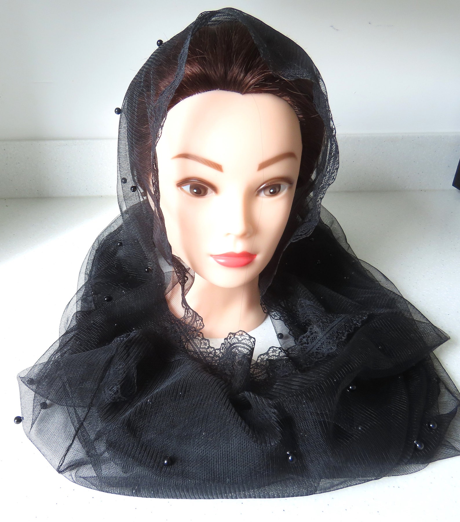 Black Infinity Tulle Lace Funeral Scarf With Faux Pearls/chapel Veil ...