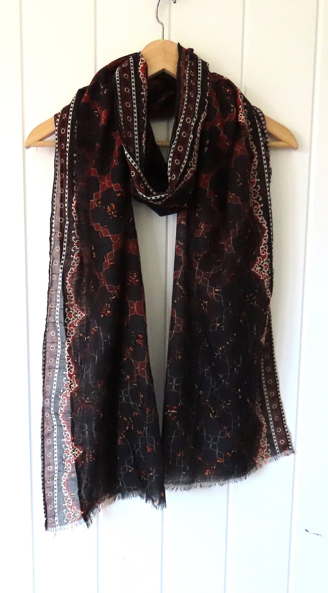 Black & Burnt Orange Geometric Print Scarf/pashmina Style Wrap/summer ...