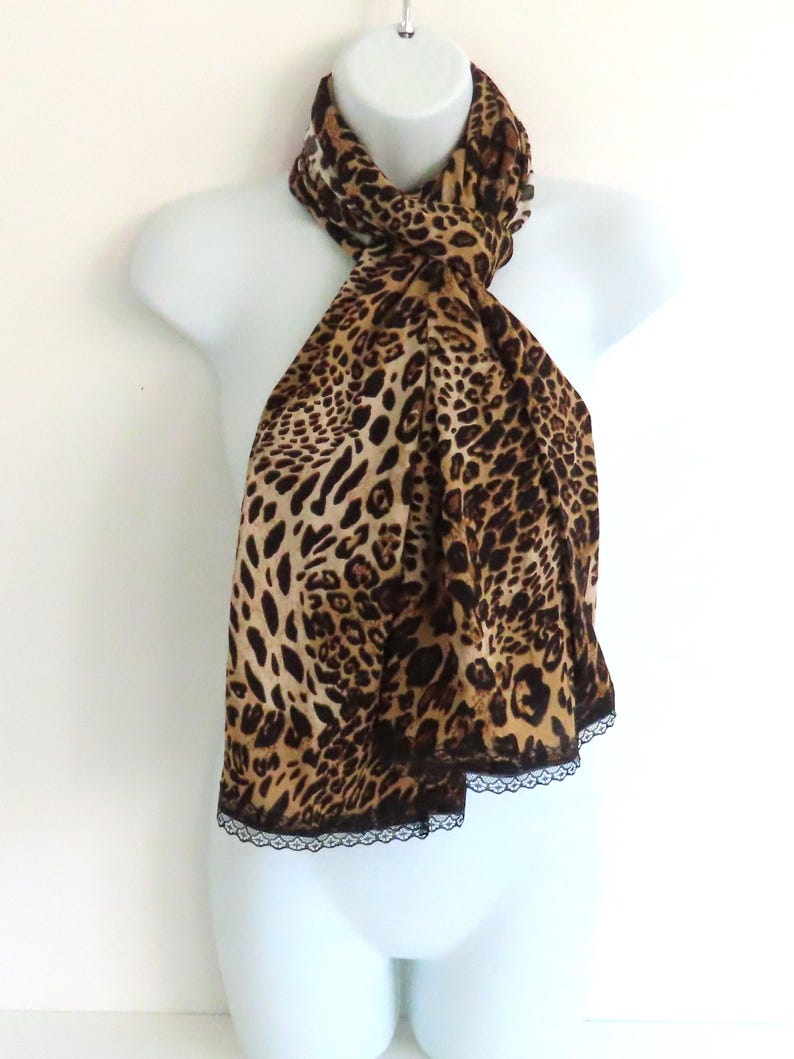Leopard Scarf With Lace Trim/animal Print Scarves/lightweight Cheetah ...