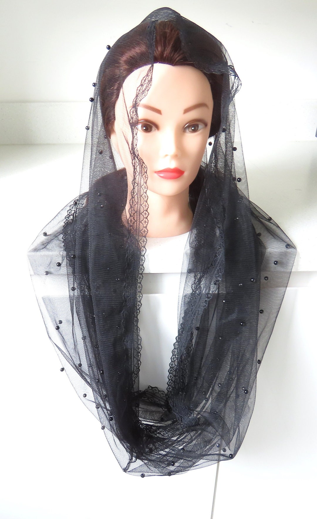 Black Infinity Tulle Lace Funeral Scarf With Faux Pearls/chapel Veil ...