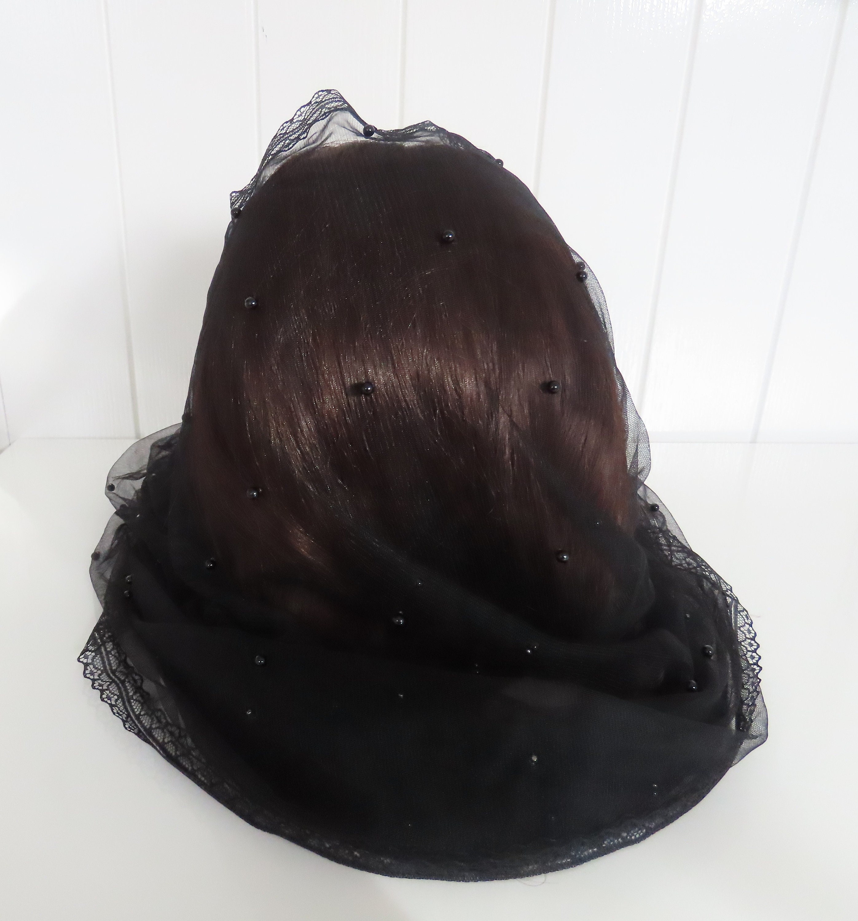 Black Infinity Tulle Lace Funeral Scarf With Faux Pearls/chapel Veil ...