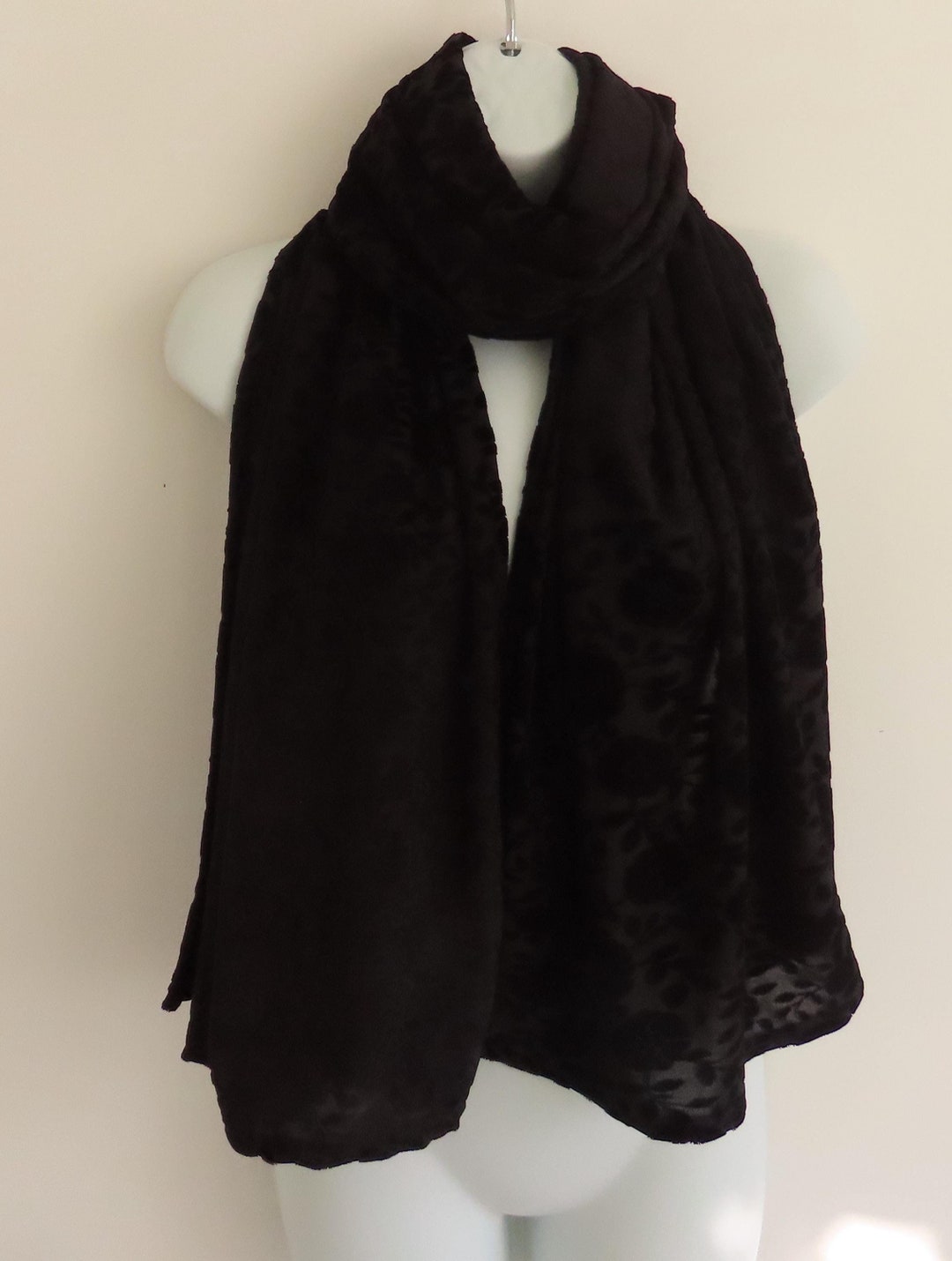Black Burnout Devore Velvet Scarf, Vintage Style Semi Sheer Textured ...