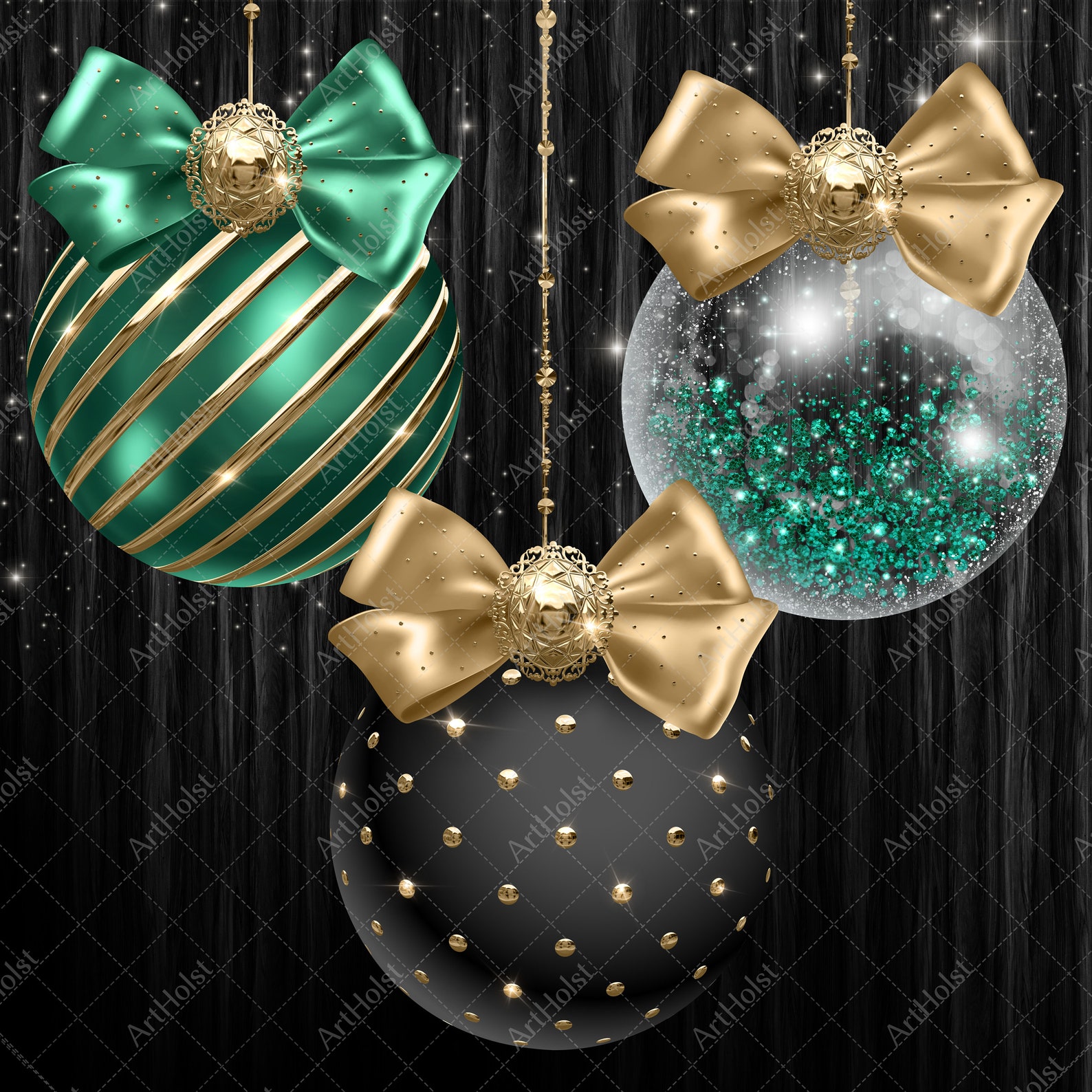 Green & Gold Christmas Baubles Clipart: PNG Ornaments (digital Download ...
