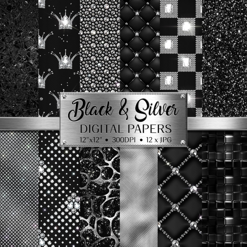 Black & Silver Diamond Digital Paper: Glam Textures (digital Download ...