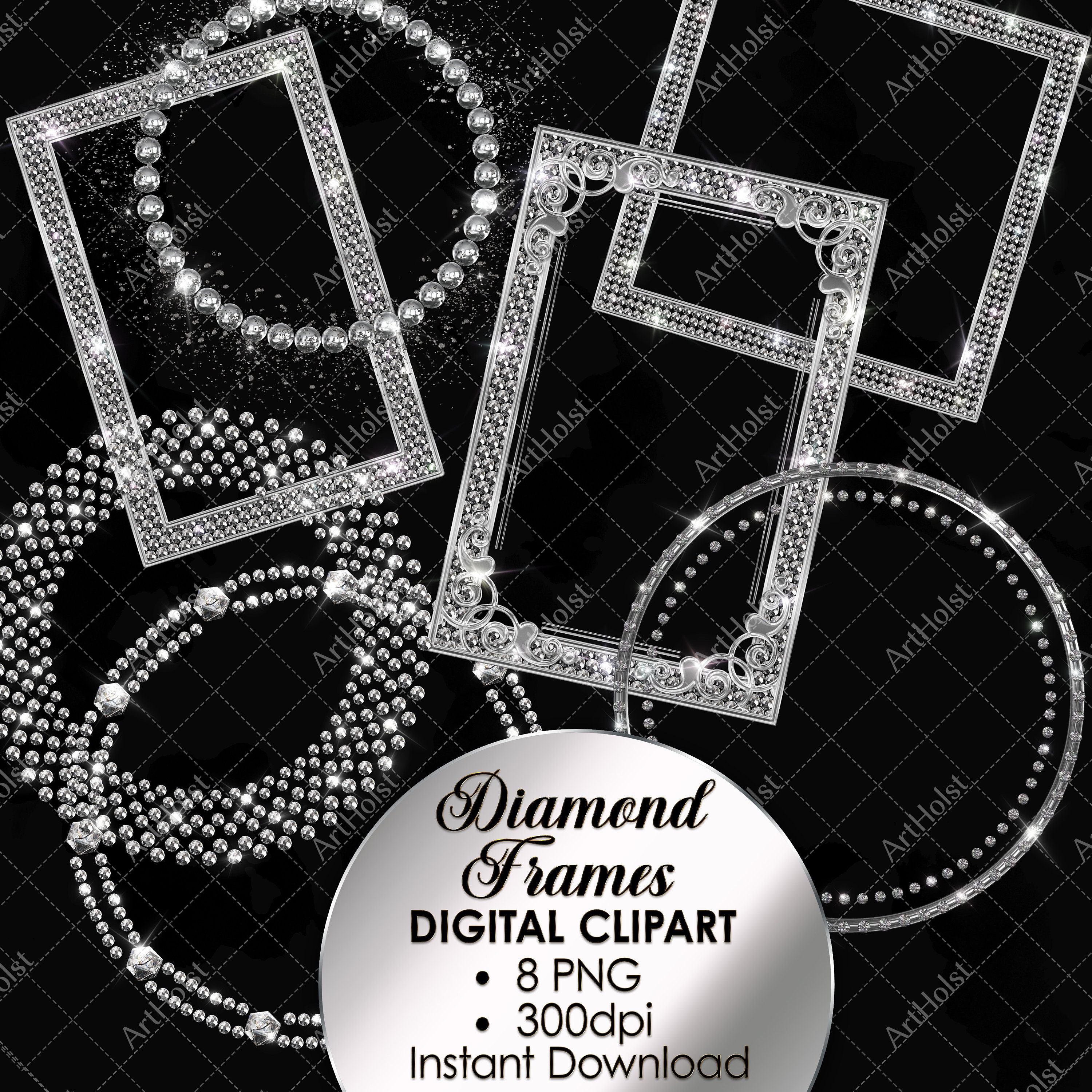 Rhinestone Silver Frames Clipart: Diamond Borders Overlay (PNG Digital ...