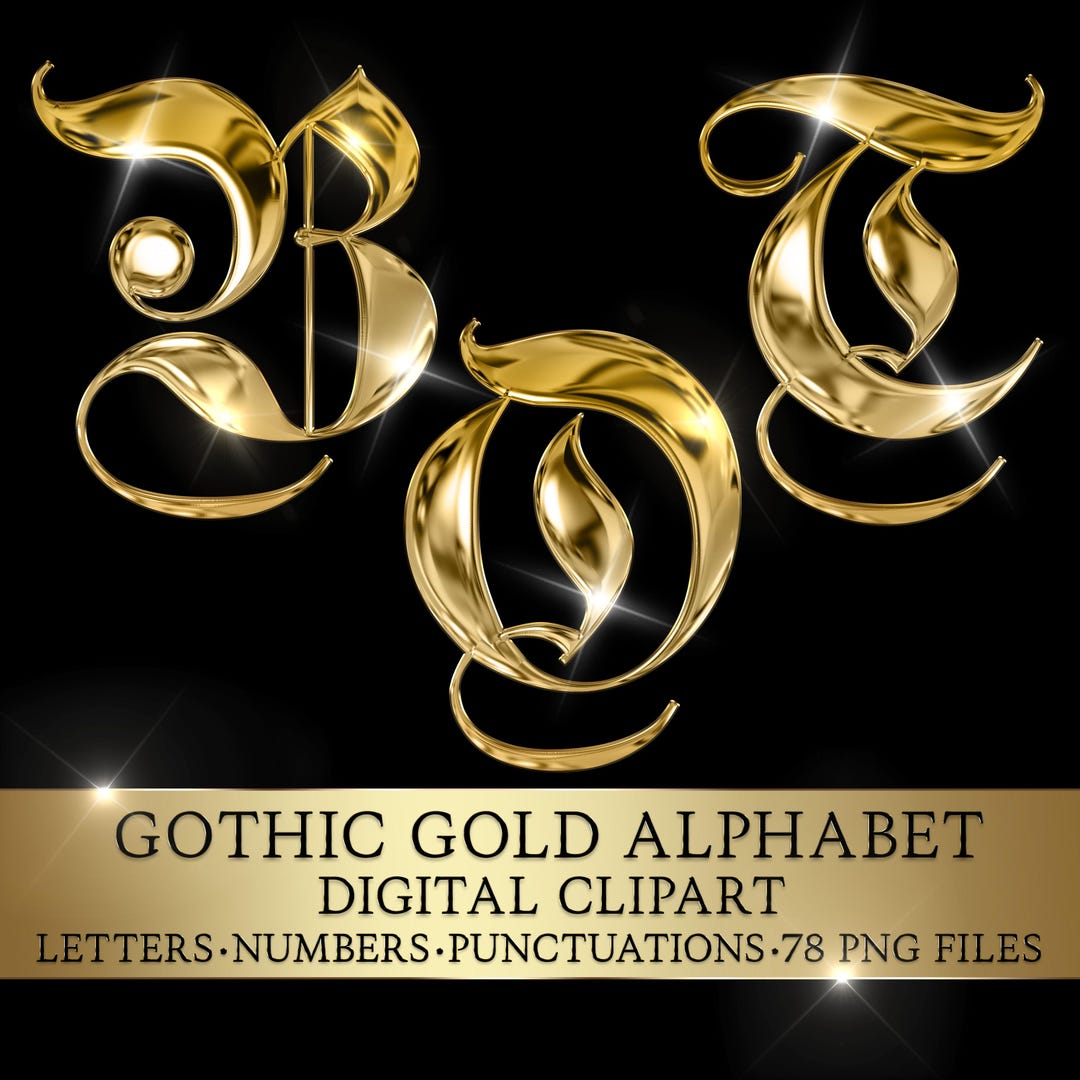 Gothic Metallic Gold Alphabet, PNG Letters, Numbers Clipart, Digital ...