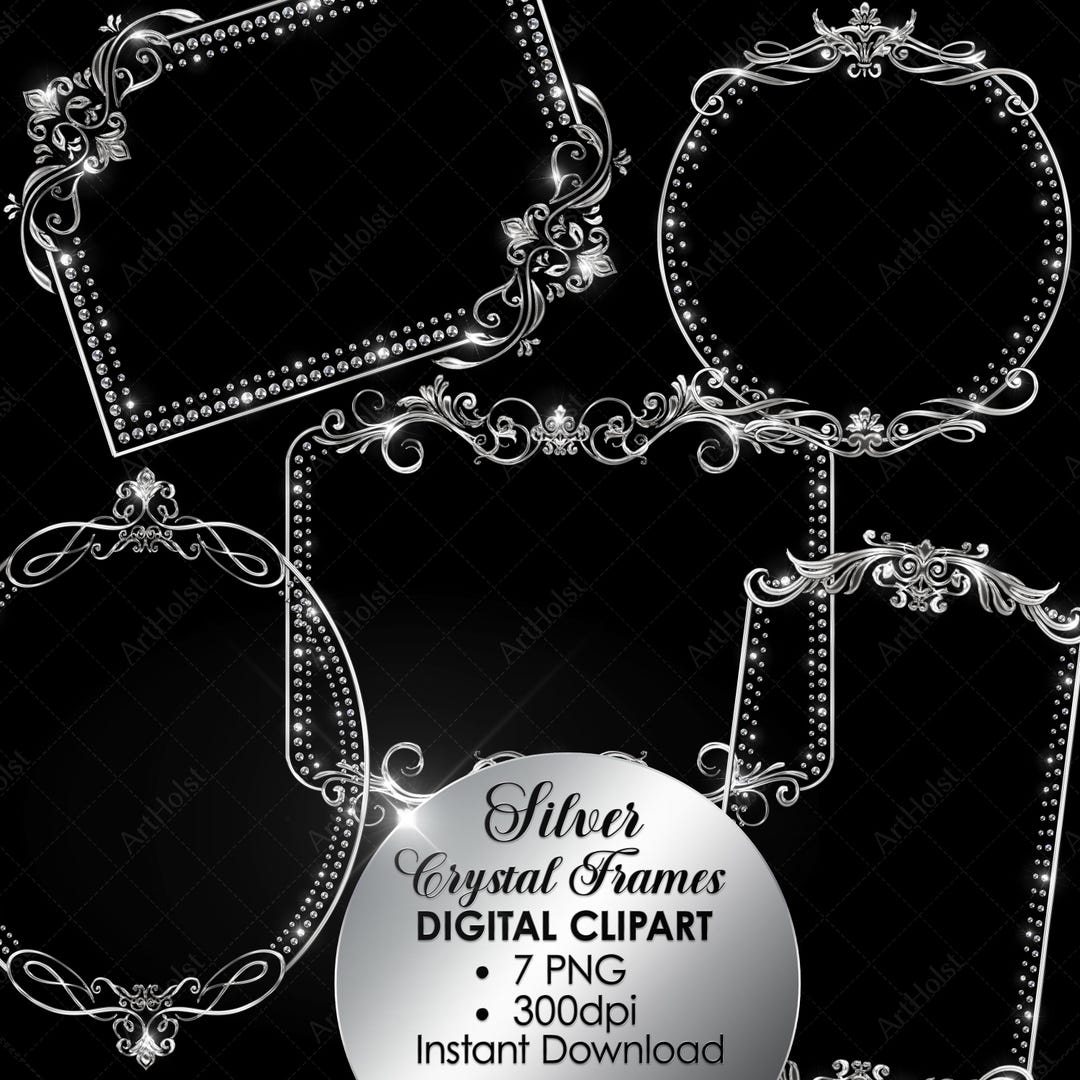 Silver Crystal Frames Clipart, Rhinestone Borders Overlay PNG, Digital ...