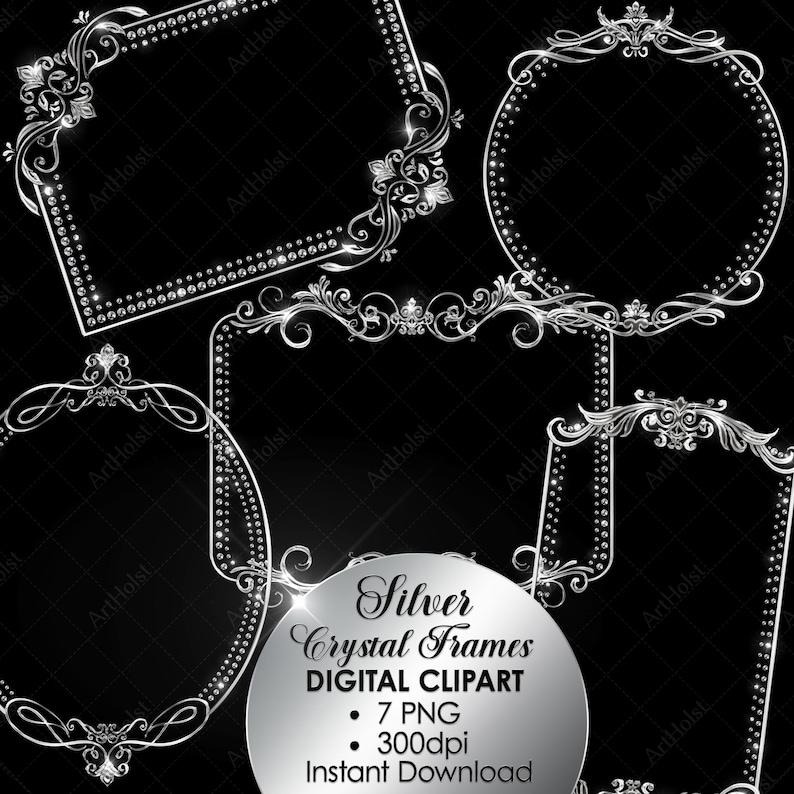 Silver Crystal Frames Clipart, Rhinestone Borders Overlay PNG, Digital ...