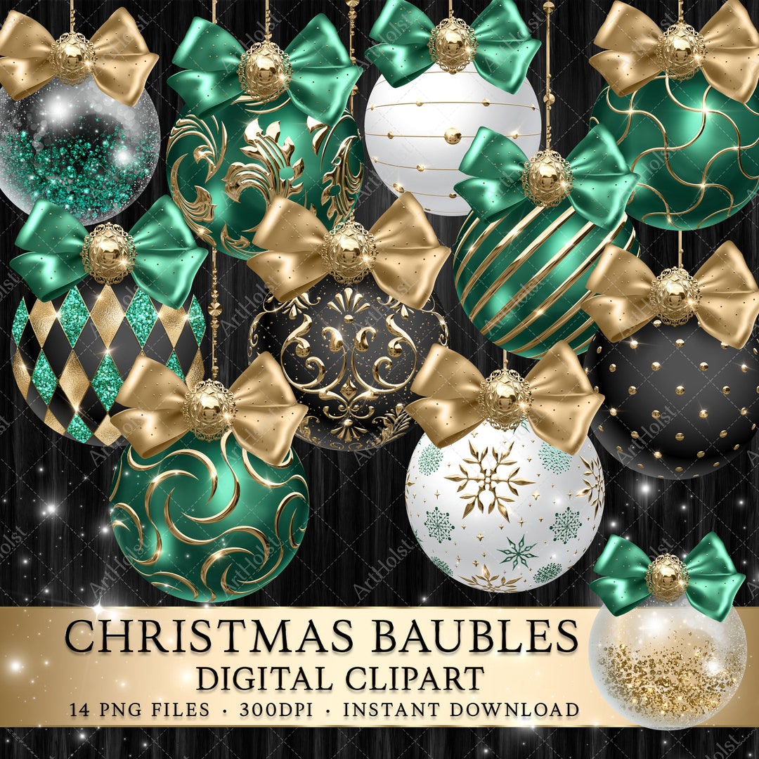 Christmas Baubles Clipart, Christmas Ornaments PNG, Green Gold ...