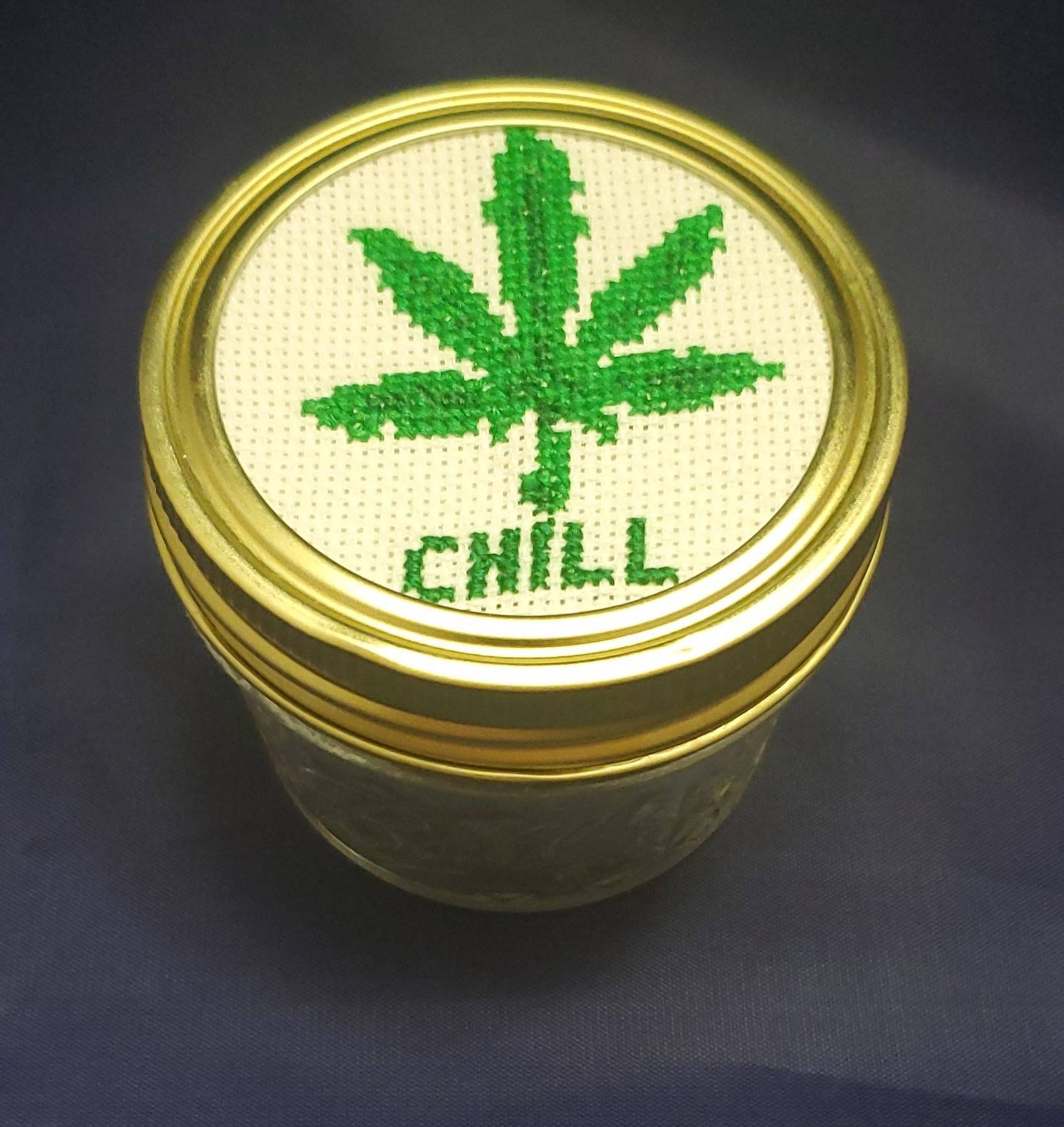 Marijuana Leaf Jar Lid, Mason Jar Lid, Cross Stitched Jar Lid ...