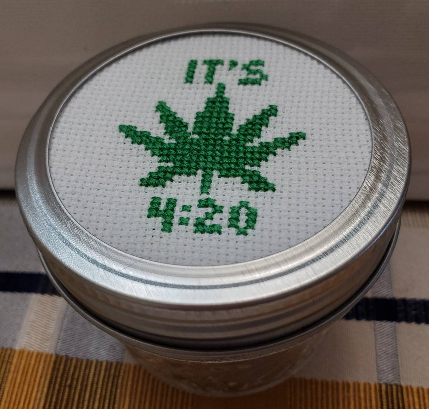 Marijuana Leaf Jar Lid, Mason Jar Lid, Cross Stitched Jar Lid ...