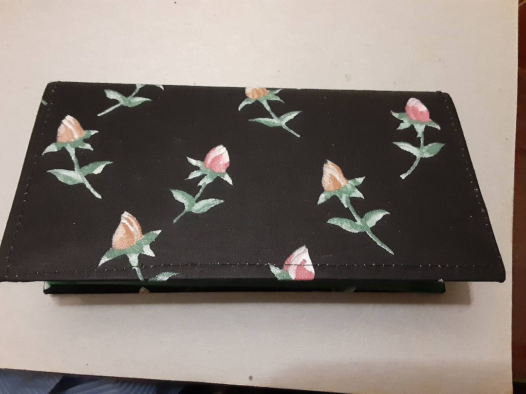 Checkbook Cover Pink Roses on Black Background Handmade - Etsy