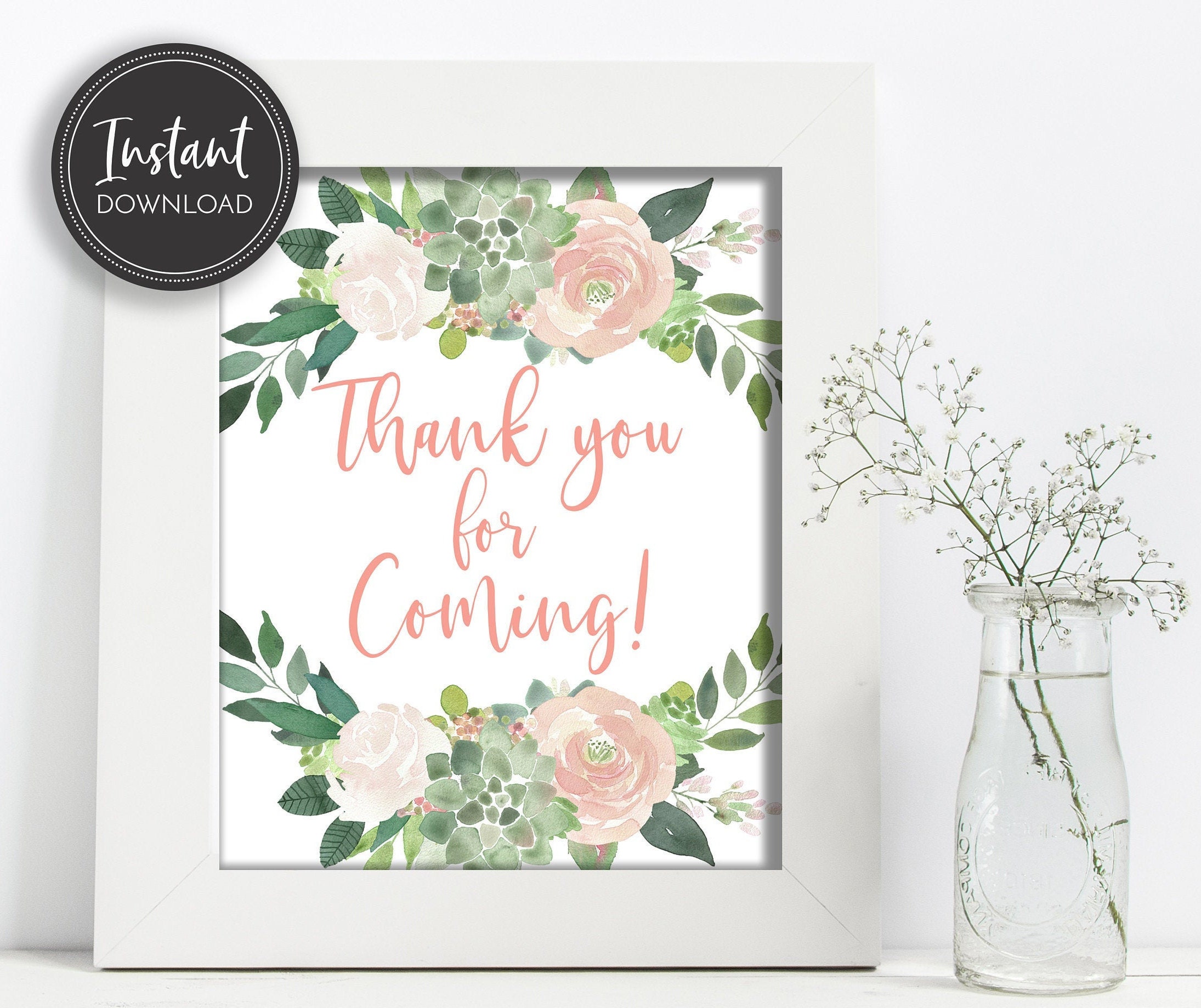 Thank You Table Sign Pink Blush Green Succulents Watercolor - Etsy