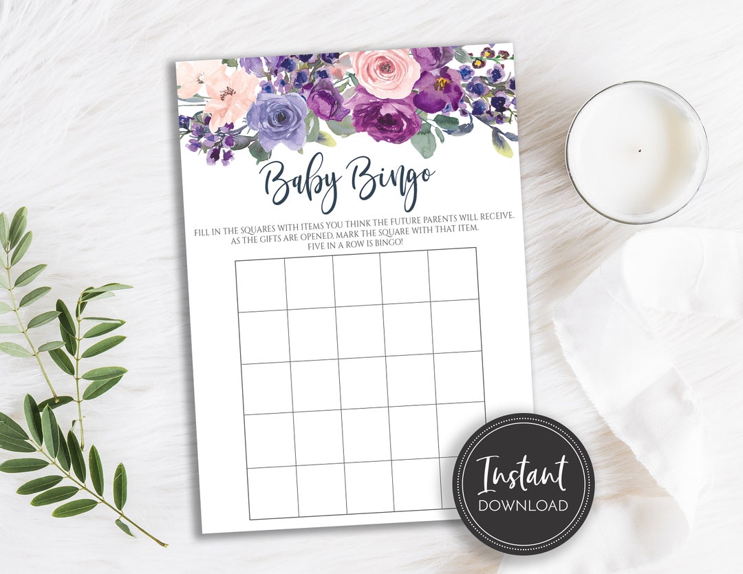 Purple Floral Baby Bingo Game, Purple Baby Shower Game, Violet ...