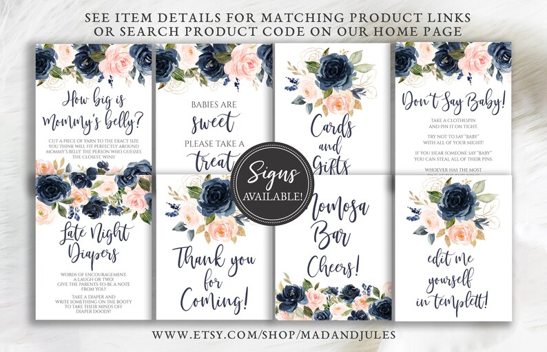 Blush Navy Floral Edit Yourself Table Tent and Place Cards | Etsy