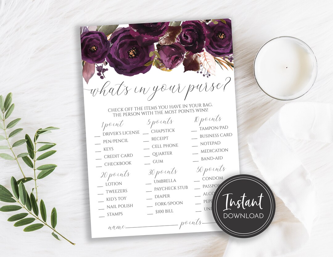 Dark Purple Roses Bridal Shower Game, What's in Your Purse Shower Game ...