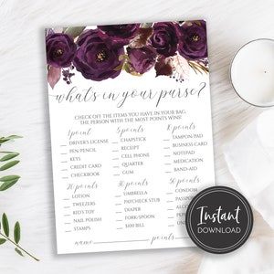 Dark Purple Roses Bridal Shower Game, What's in Your Purse Shower Game ...