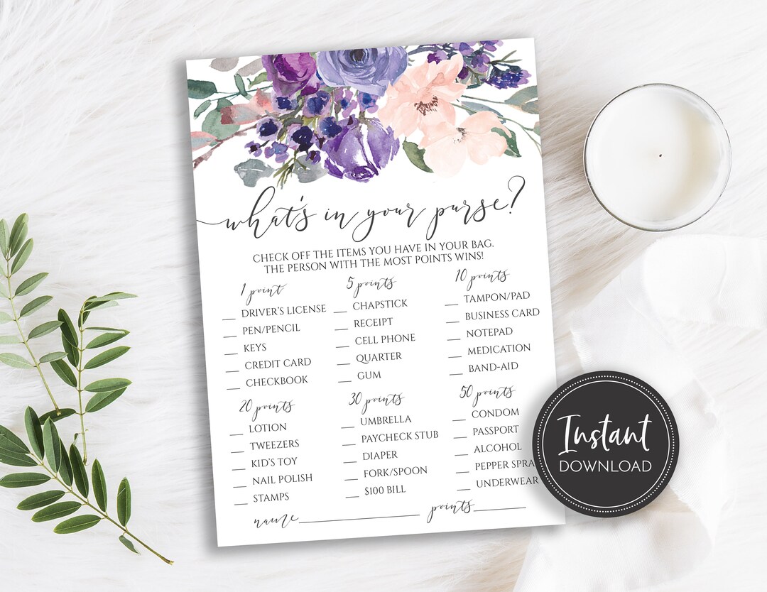 Purple Floral Bridal Shower Game: What's in Your Purse (printable Game ...