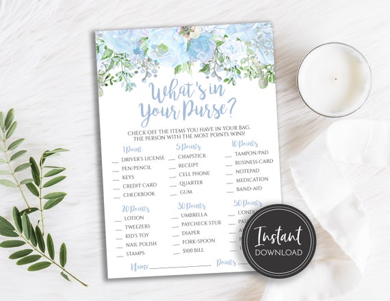 Light Blue Baby Shower What's in Your Purse Game Watercolor Flowers ...