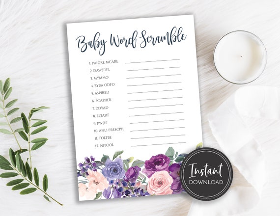 Purple Floral Baby Word Scramble Game, Purple Baby Shower Game, Violet ...