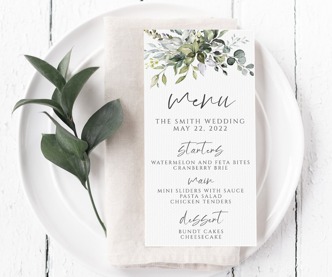 Greenery Wedding Menu Template, Printable Wedding Menu, Digital Instant ...