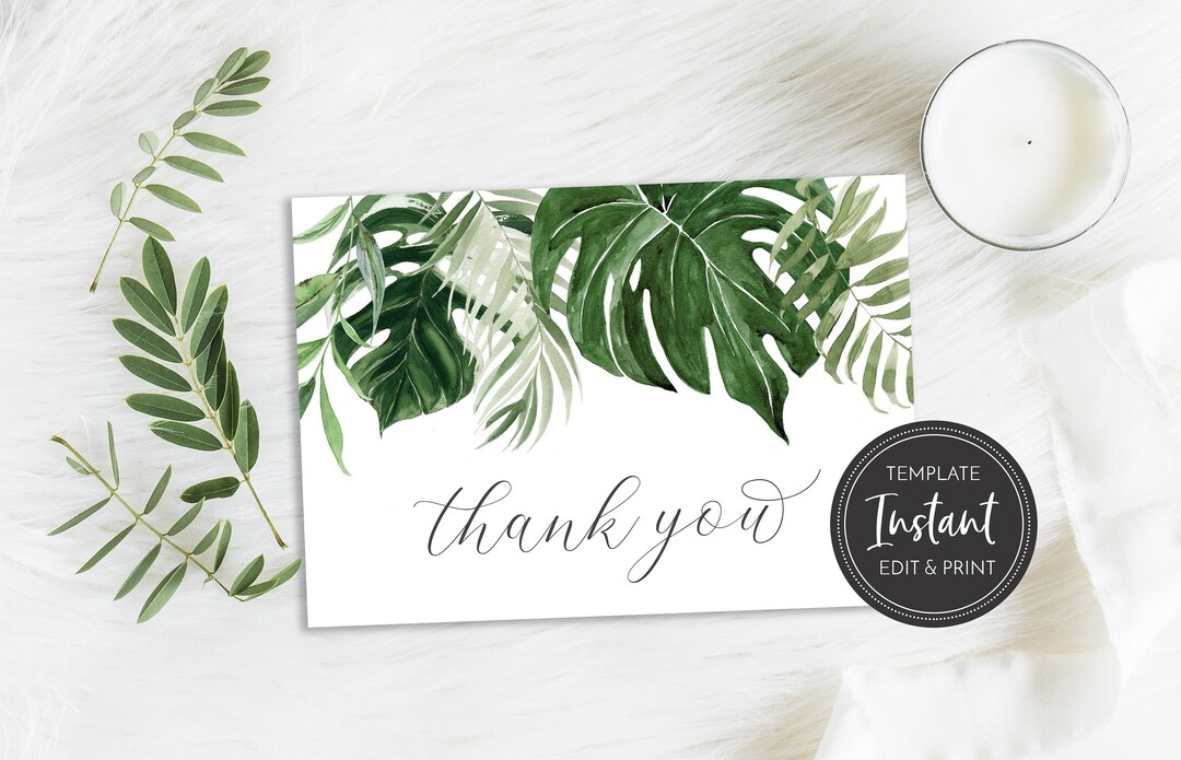 Tropical Thank You Card Template, Flat and Folded, Baby Shower, Bridal ...
