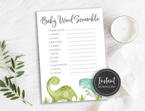Dinosaur Baby Word Scramble Baby Shower Game Orange Blue Green T-Rex ...
