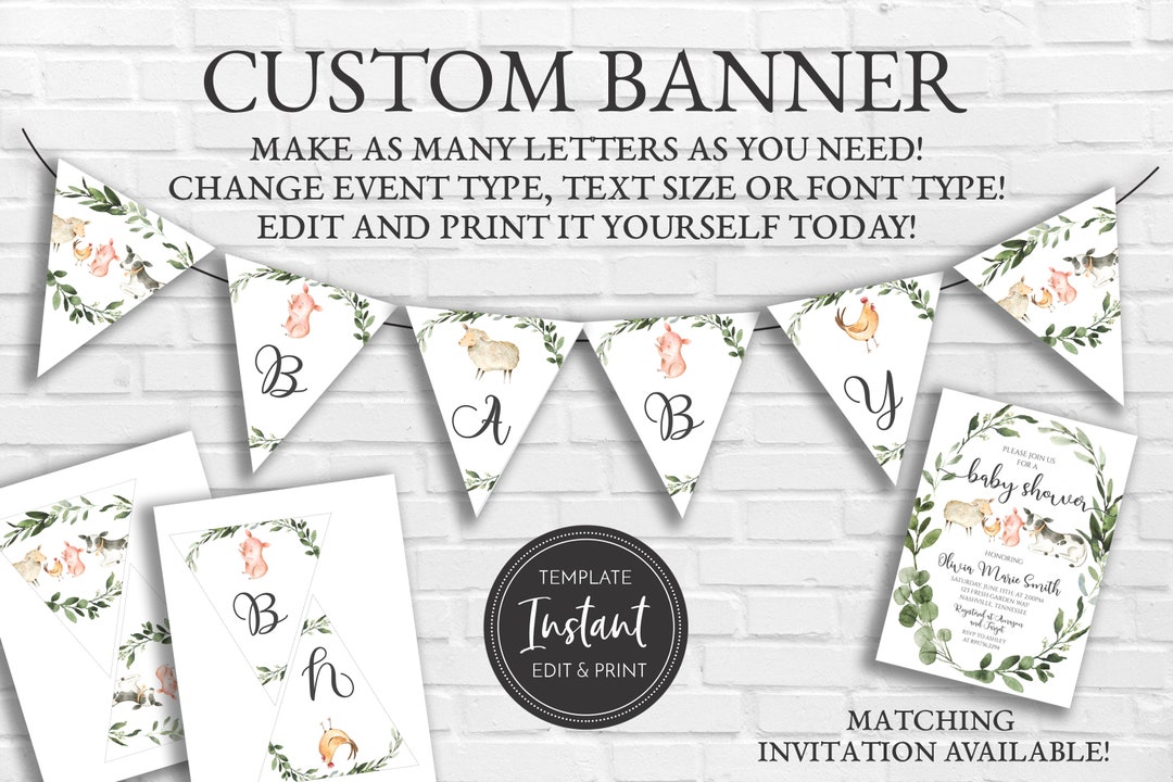 Farm Animals Custom Banner Template, Pendant Banner, Baby Shower ...