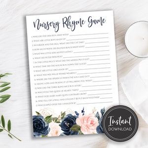 Navy and Blush Pink Roses Nursery Rhyme Baby Shower Game, Digital ...