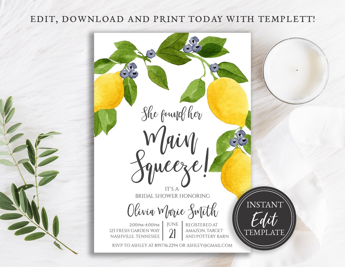 Main Squeeze Lemon Bridal Shower Invitation Lemons Lemonade | Etsy