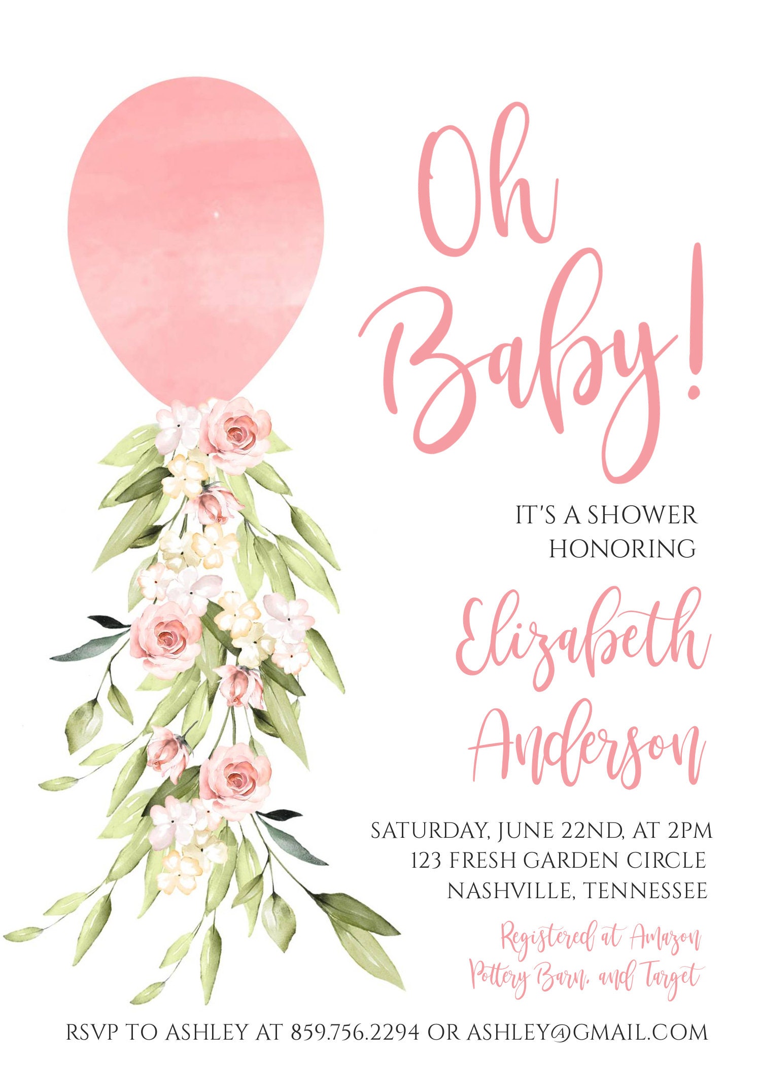 Pink Balloon Baby Shower Invitation Baby Girl Invitation - Etsy