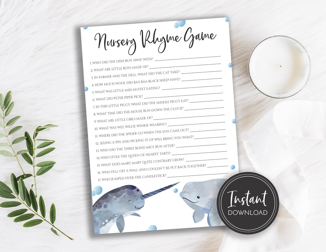 Whale Narwhal Baby Shower Game Nursery Rhyme Game Blue White - Etsy