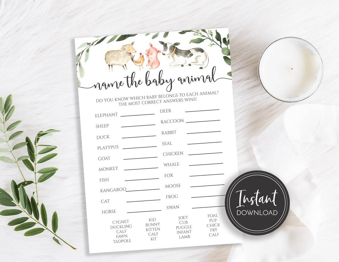 Farm Animals Baby Shower Game, Name the Baby Animal, Cow, Sheep ...