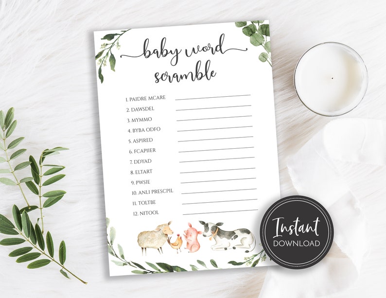 Farm Animals Baby Shower Game Baby Word Search Game Cow | Etsy